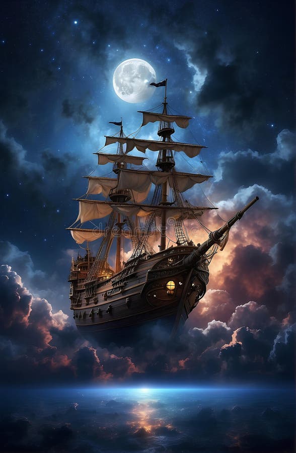 A Pirate Ship Flying through the Clouds in the Night Sky Stock ...