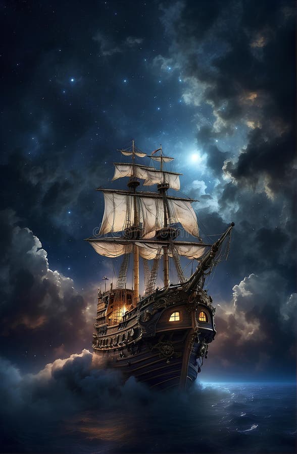 A Pirate Ship Flying through the Clouds in the Night Sky Stock ...