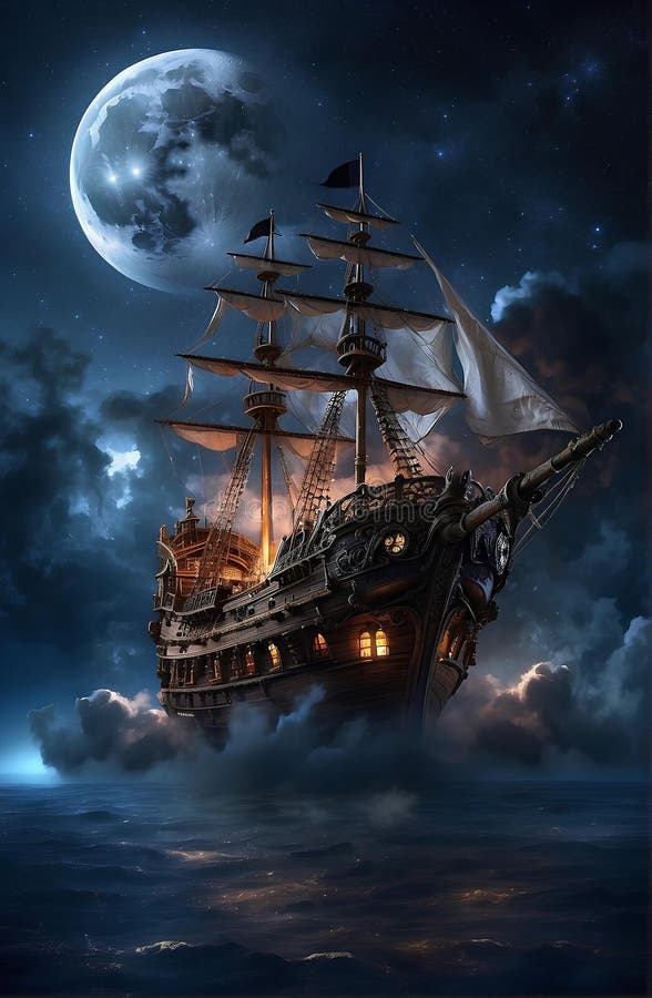 A Pirate Ship Flying through the Clouds in the Night Sky Stock ...