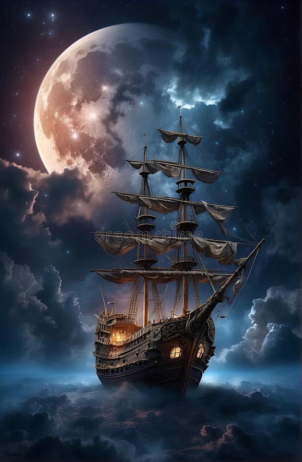A Pirate Ship Flying through the Clouds in the Night Sky Stock ...