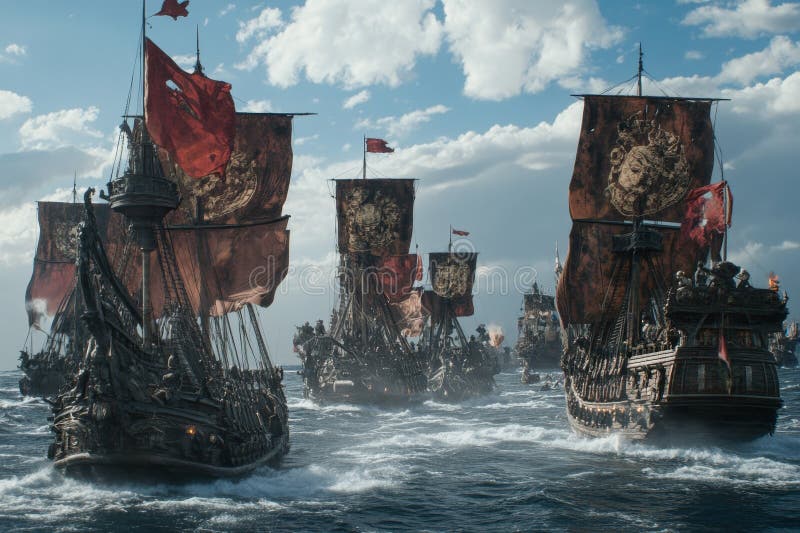 Pirate Ship Going Down after Canons Fired Ahead in the Water Stock ...