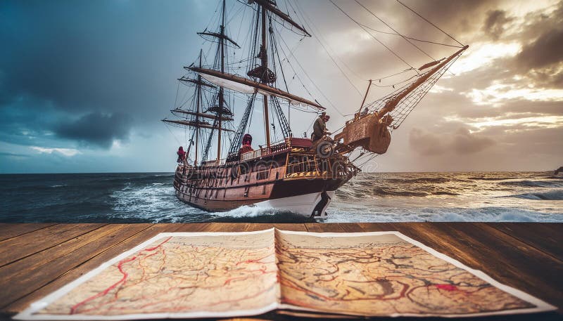 Pirate Ship - a Grand Pirate Ship Sailing through Stormy Seas, with a ...