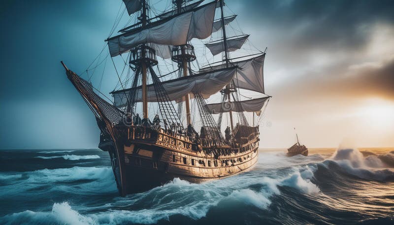 Pirate Ship - a Grand Pirate Ship Sailing through Stormy Seas, with a ...
