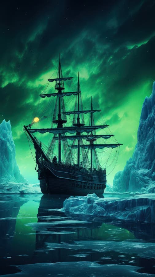 Pirate Ship on Ice and an Iceberg at Night with the Aurora in the Sky ...