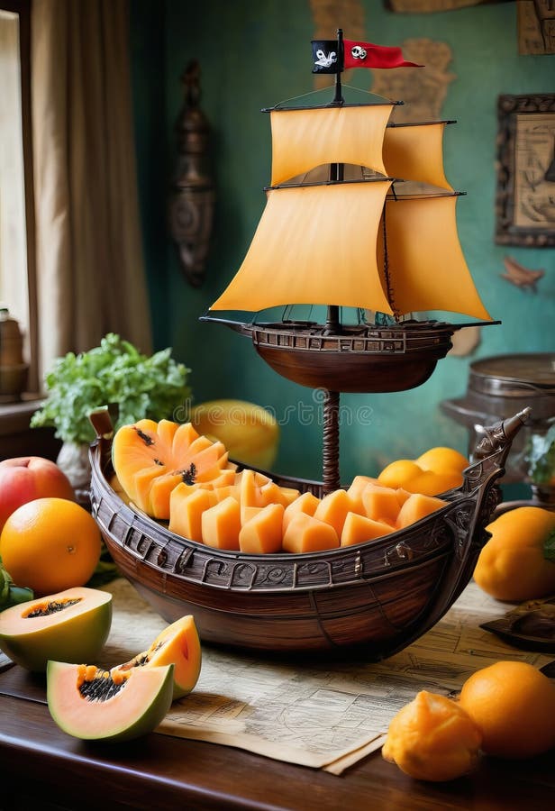 Pirate Ship Kitchen Setting with a Cantaloupe Displayed on a Treasure ...