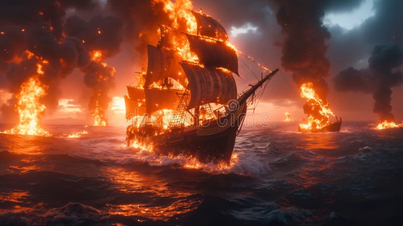 A Pirate Ship in the Middle of a Large Body of Water Surrounded by ...