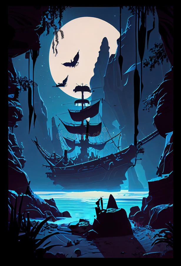Pirate Ship in Mysterious Bay Under the Moon Stock Illustration ...