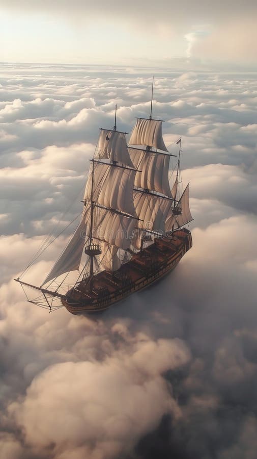 A Pirate Ship Navigating through a Sea of Clouds Stock Illustration ...