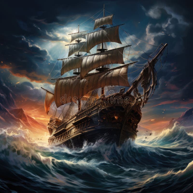 Pirate Ship Navigating during a Storm. Thunder, Rain Big Waves on the ...