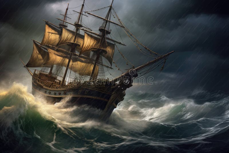 Pirate Ship Navigating through a Treacherous Storm at Sea Stock ...