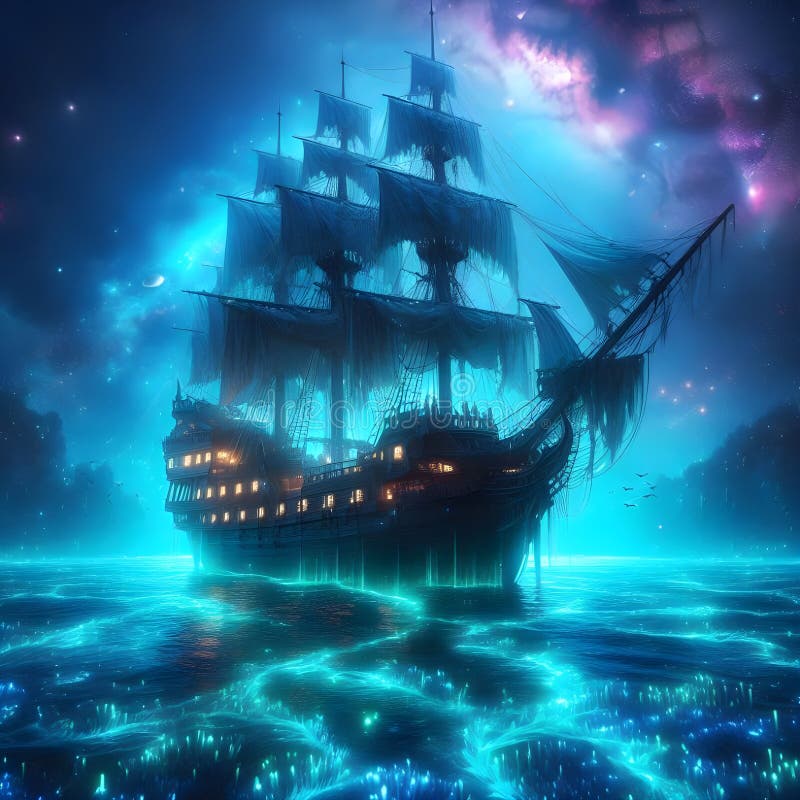 A Pirate Ship at Night. stock illustration. Illustration of night ...