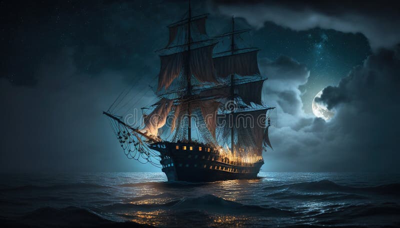 A Pirate Ship in the Ocean with a Full Moon in the Background Stock ...
