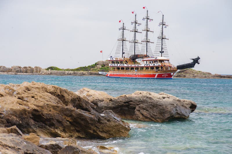 Pirate Ship Off Shore in Tropical Water with Beach in Foreground. Stock ...