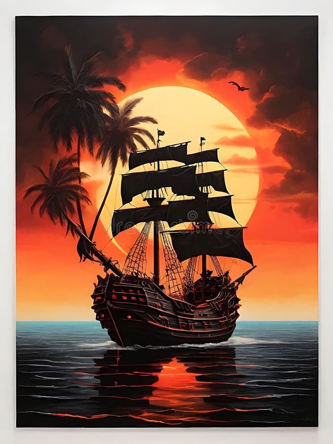 Pirate Ship with Palm Trees Stock Illustration - Illustration of ocean ...