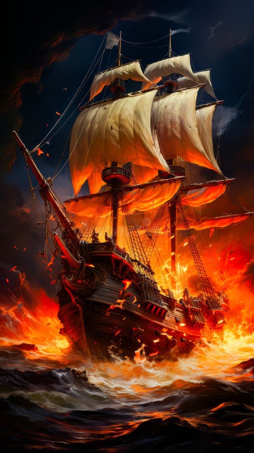 Pirate Ship in Raging Sea with Lot of Fire. Generative AI Stock ...