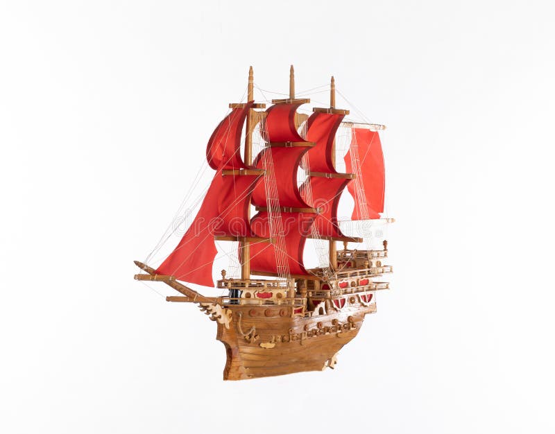 Pirate Ship with Red Sails Isolated on White Stock Photo - Image of ...