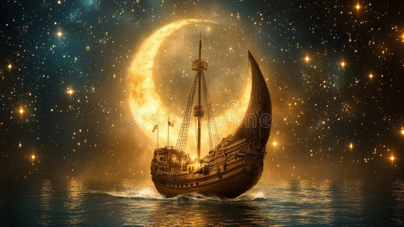 Pirate Ship Sailing at Dusk Under Moonlight Stock Image - Image of sail ...