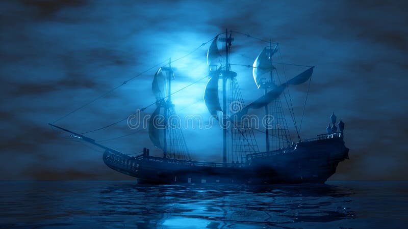 Pirate Ship Sailing in the Fog in Blue Lighting Stock Illustration ...