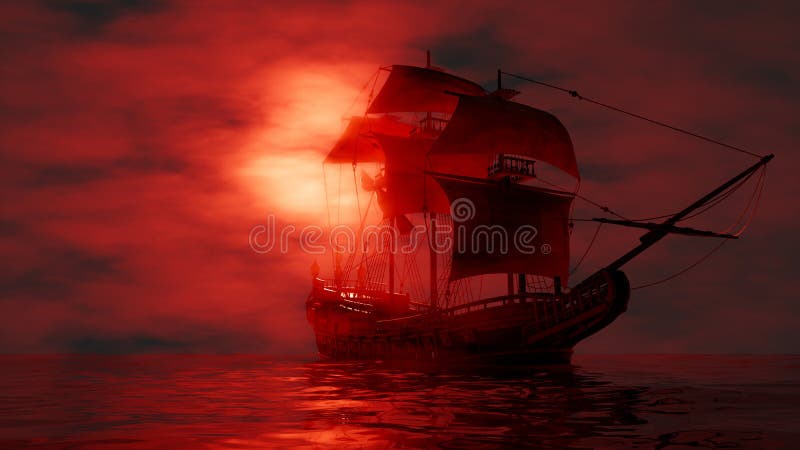 Pirate Ship Sailing in the Fog in Red Lighting Stock Illustration ...
