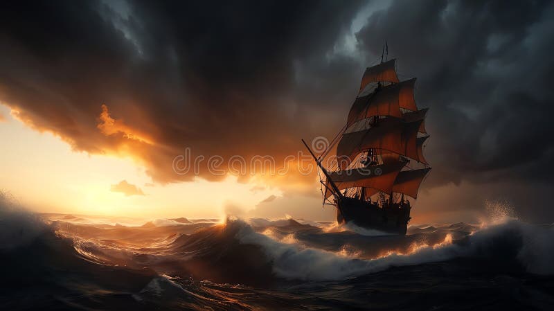 A Pirate Ship Sailing on the High Seas, Dramatic Waves and Stormy Sky ...