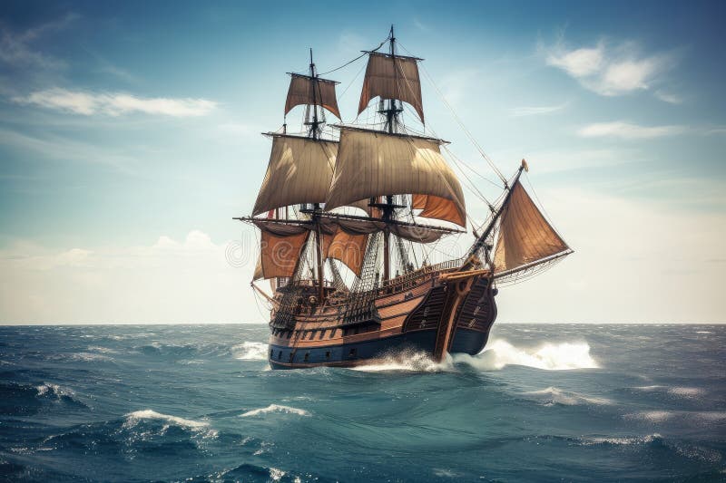 Pirate Ship Sailing on the High Seas, with the Wind in Its Sails Stock ...