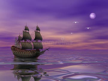 Pirate Ship Sailing in the Moonlight Stock Illustration - Illustration ...