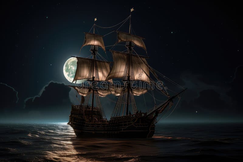 Pirate Ship Sailing on Moonlit Night, with the Full Moon Shining Down ...