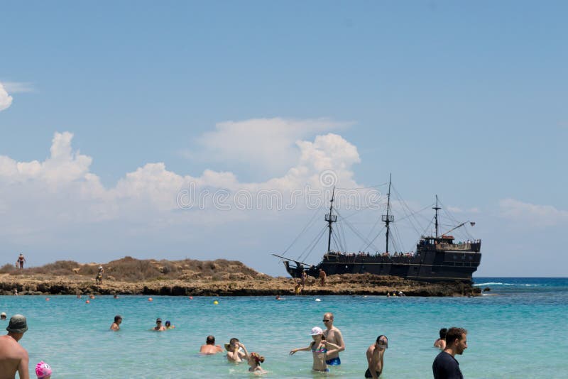 Pirate Ship Sailing Near Beach in Protaras, Cyprus on June 16, 2018 ...