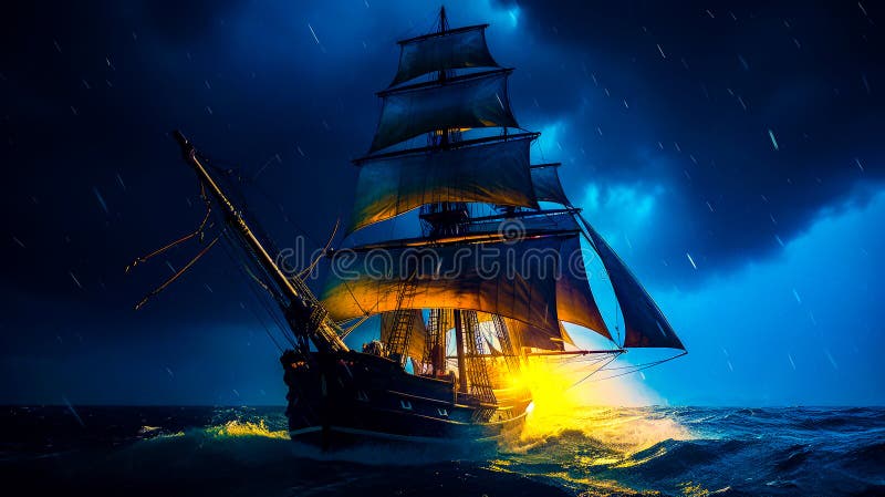 Pirate Ship Sailing in the Ocean with Bright Light on it S Sails ...