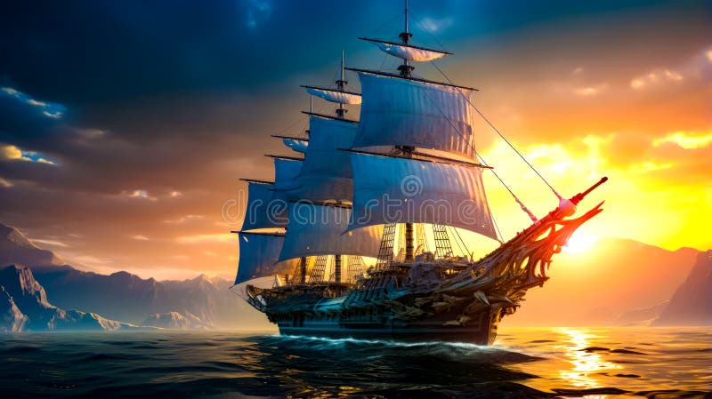 Pirate Ship Sailing in the Ocean with Sunset in the Back Ground ...