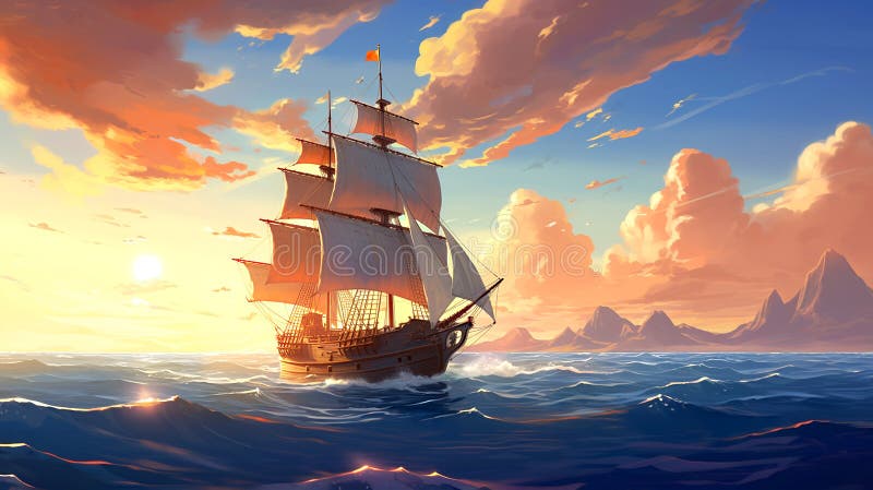 Pirate Ship Sailing in the Sea Anime Stock Illustration - Illustration ...