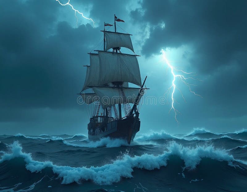 A Pirate Ship Sailing through a Storm. Stock Illustration ...