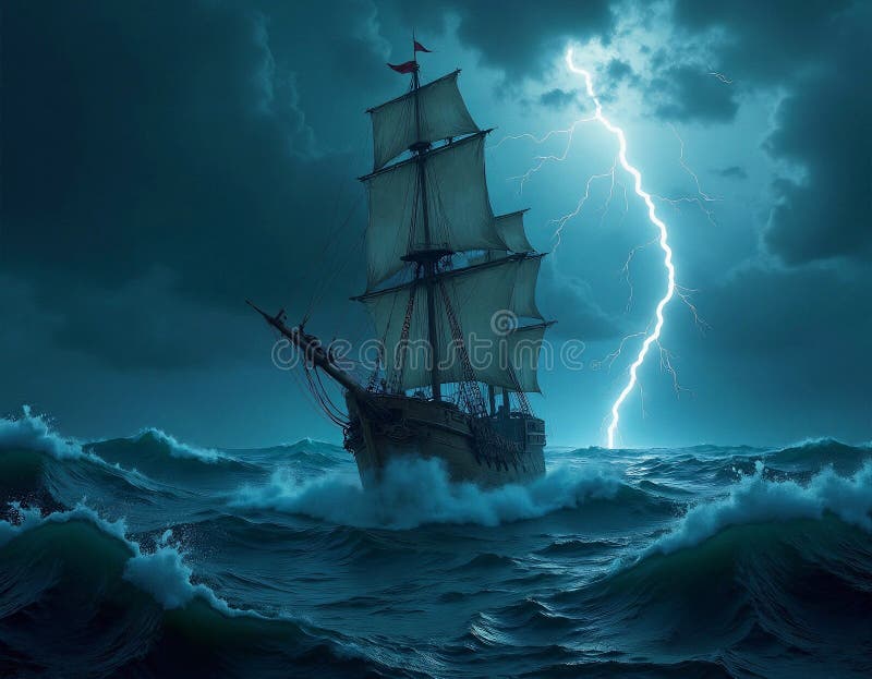 A Pirate Ship Sailing through a Storm. Stock Illustration ...
