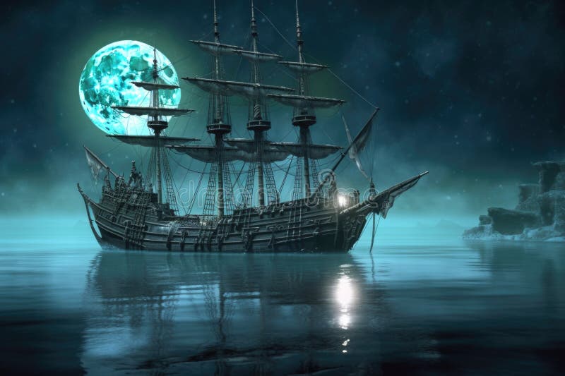 Pirate Ship Sailing Under a Full Moon with Ghostly Aura Stock ...