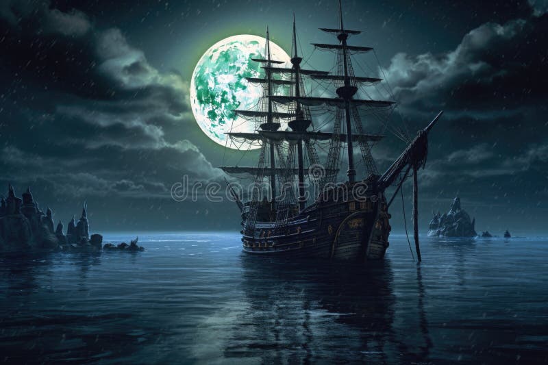 Pirate Ship Sailing Under a Full Moon with Ghostly Aura Stock ...