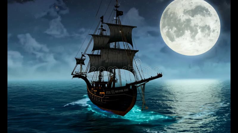 Pirate Ship Sailing Under the Full Moon Stock Video - Video of pirates ...