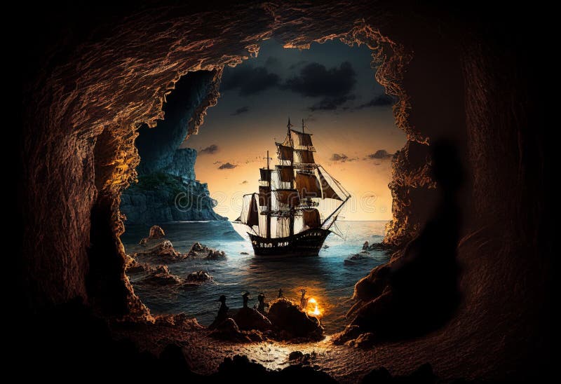 Pirate Ship Sails into the Cave. AI Generated Stock Photo - Image of ...