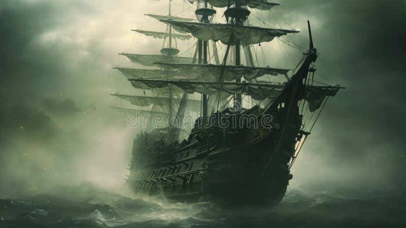 A Pirate Ship Sails Fearlessly in the Middle of the Vast Ocean As Wind ...