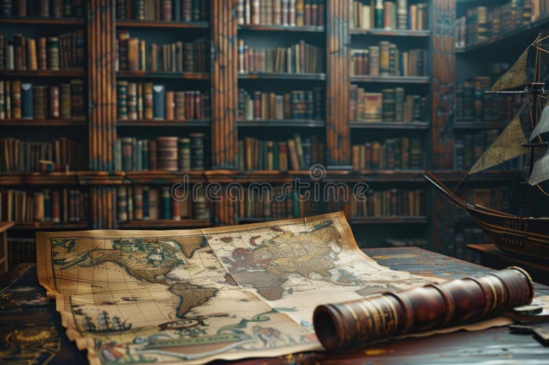 A Pirate Ship Sails through a Library Filled with Books while the Crew ...