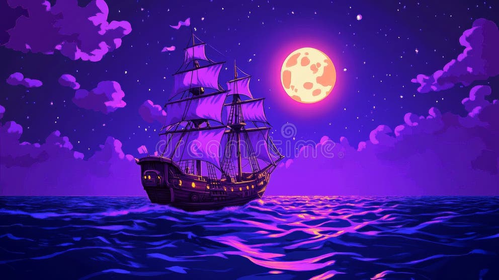 A Pirate Ship Sails Under Moonlight at Dusk in an Illustration Stock ...