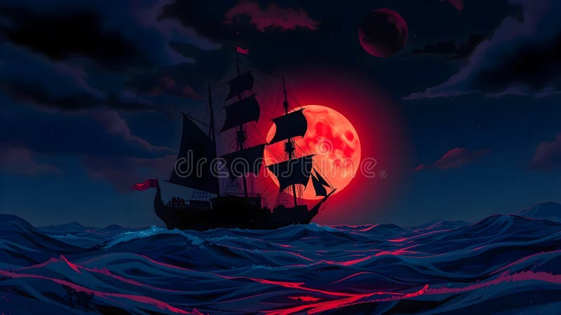 Pirate Ship in the Sea with Full Moon Stock Illustration - Illustration ...