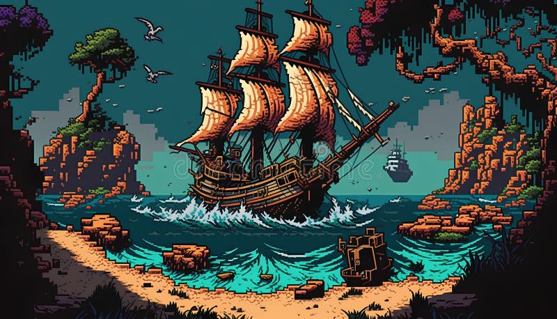 Pirate Ship in the Sea. Retro Game Style. Vector Illustration Stock ...