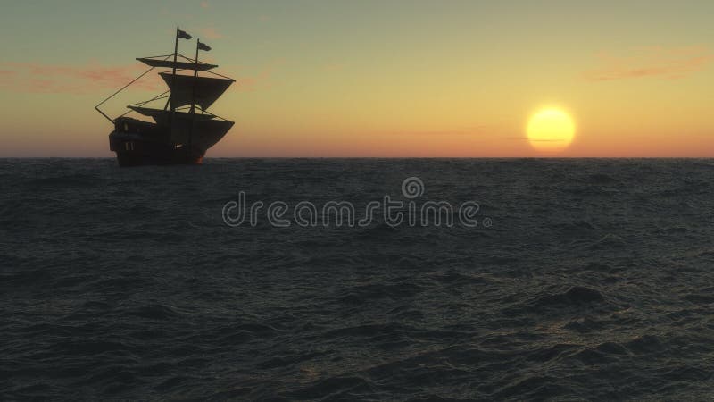 Sailing ship at Sunset stock illustration. Illustration of exploration ...