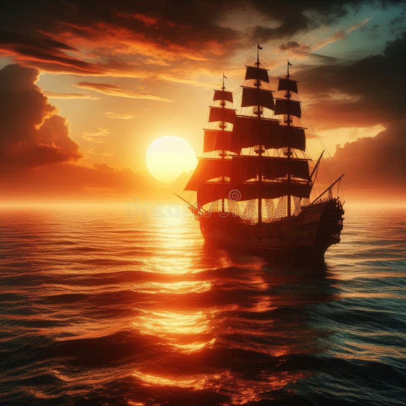 Pirate Ship Silhouette Against a Sunset Horizon in the Open Sea Stock ...