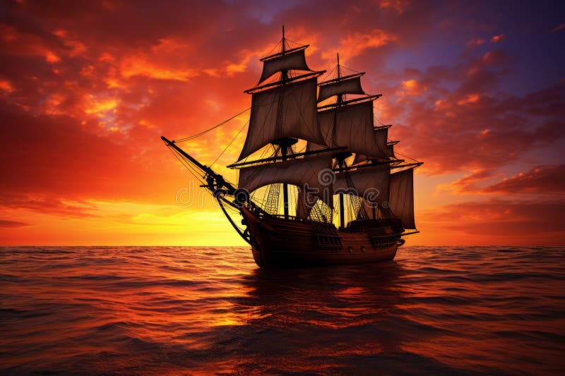 Pirate Ship Silhouetted Against Sunset Stock Illustration ...
