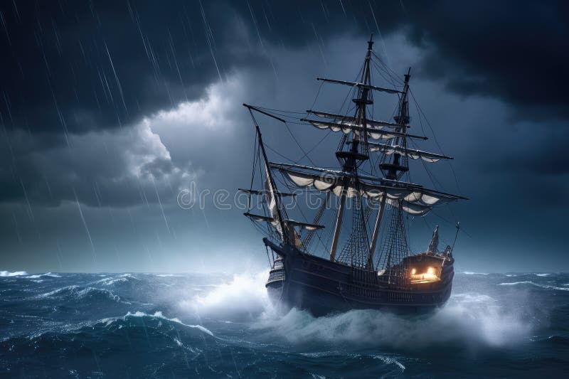 Pirate Ship on Stormy Ocean, with Lightning and Thunder in the ...