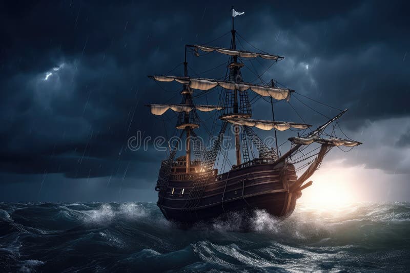 Pirate Ship on Stormy Ocean, with Lightning and Thunder in the ...