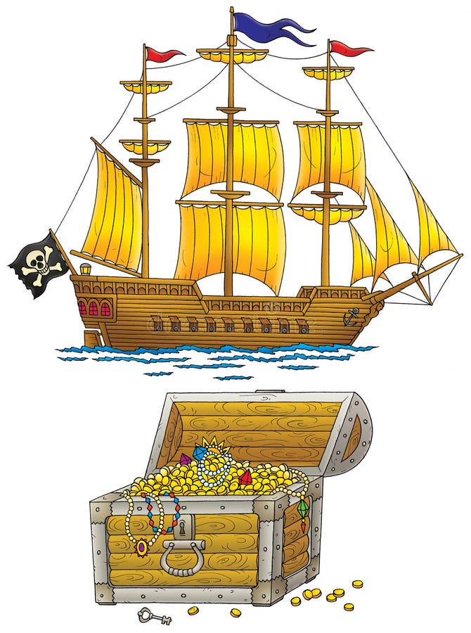 Pirate Ship and Treasures Chest Stock Illustration - Illustration of ...