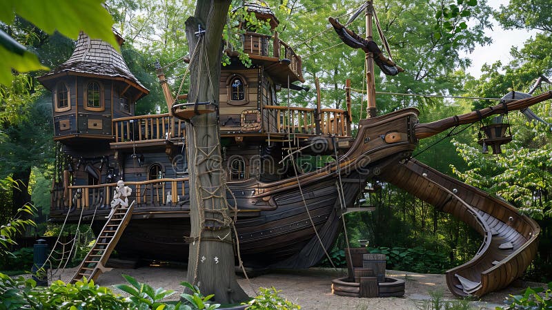 Rustic Treehouse with a Wooden Bridge Connecting To Another Tree Stock ...