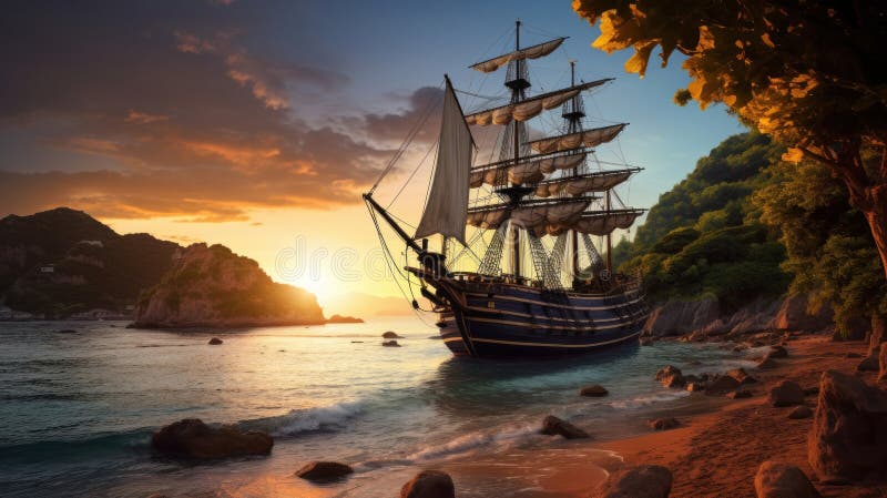 A Pirate Ship in a Tropical Cove or Bay at Sunset Stock Illustration ...